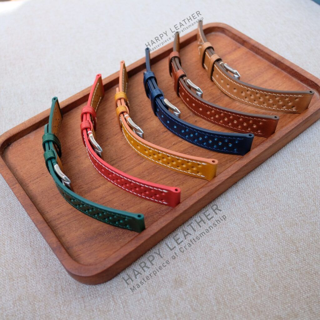 Black rally watch strap - racing leather watch band - Handcraft